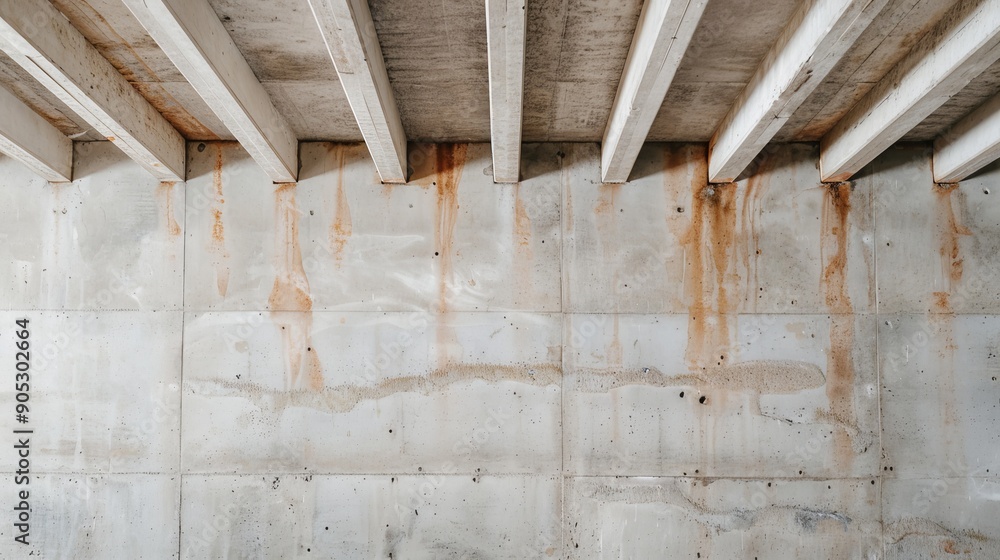 Industrial-style ceiling with exposed beams, discoloration from ...