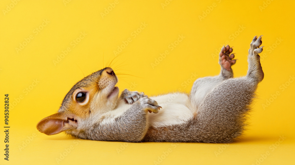 A charming grey squirrel lying on its back on a bright yellow ...