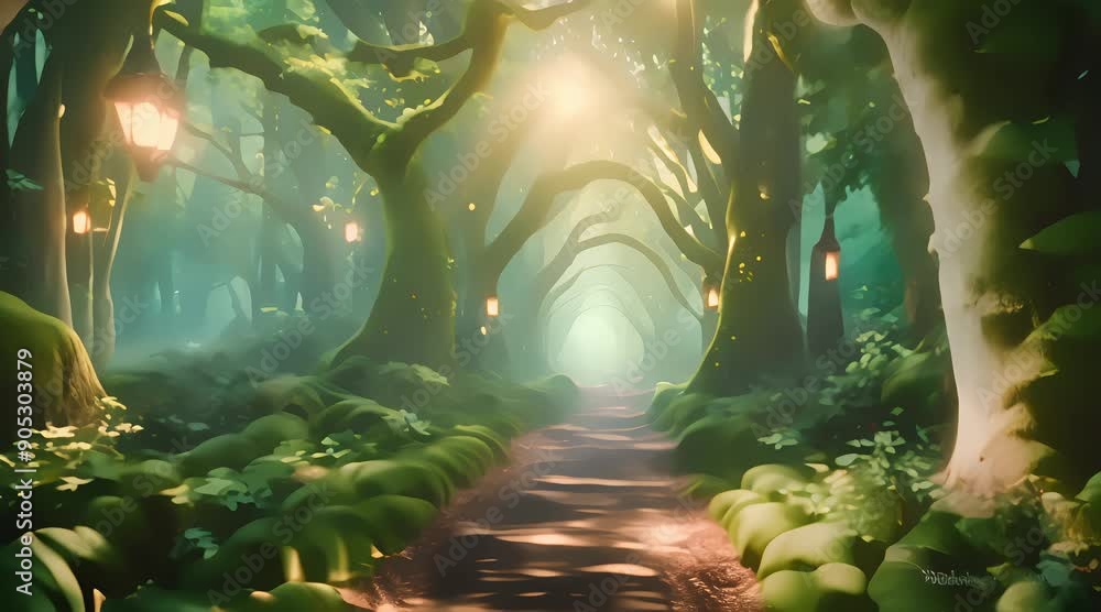 illustration of forest path view with big trees and hanging sparkling ...