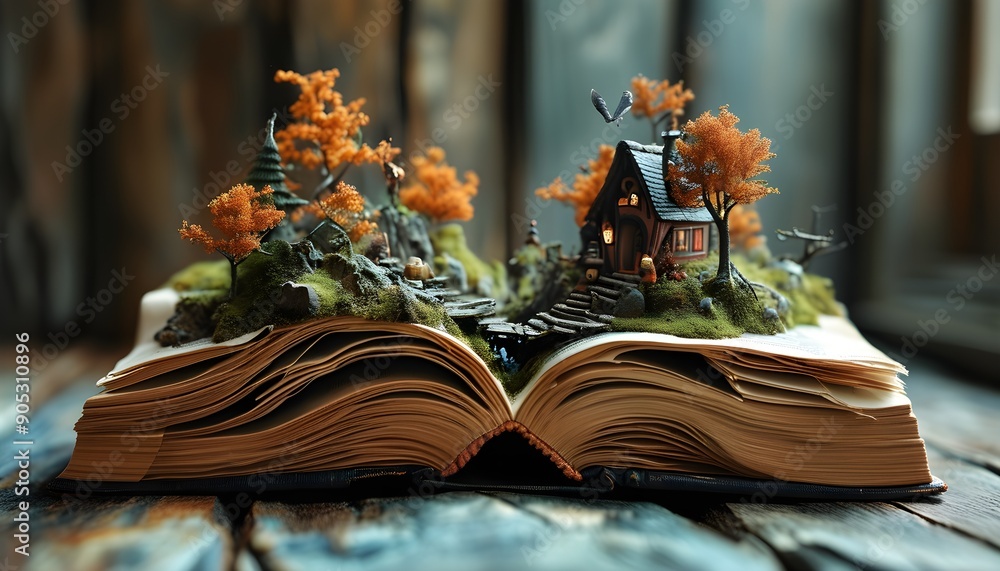 An open book with two beautiful houses, bridges and art scenes of ...
