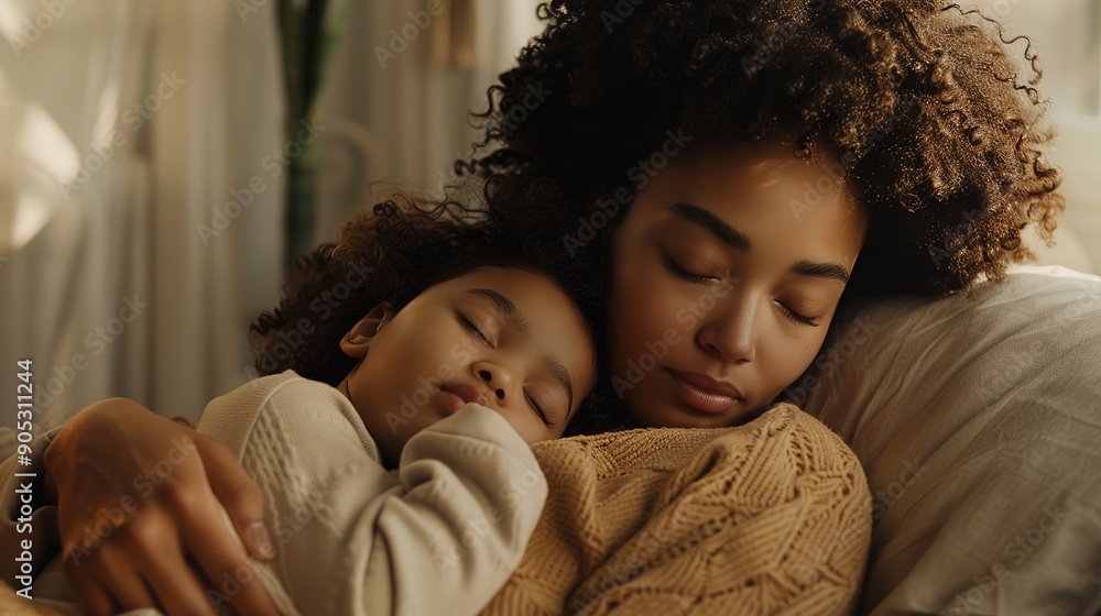 Loving black mother cuddling her sleeping daughter on the sofa at home ...