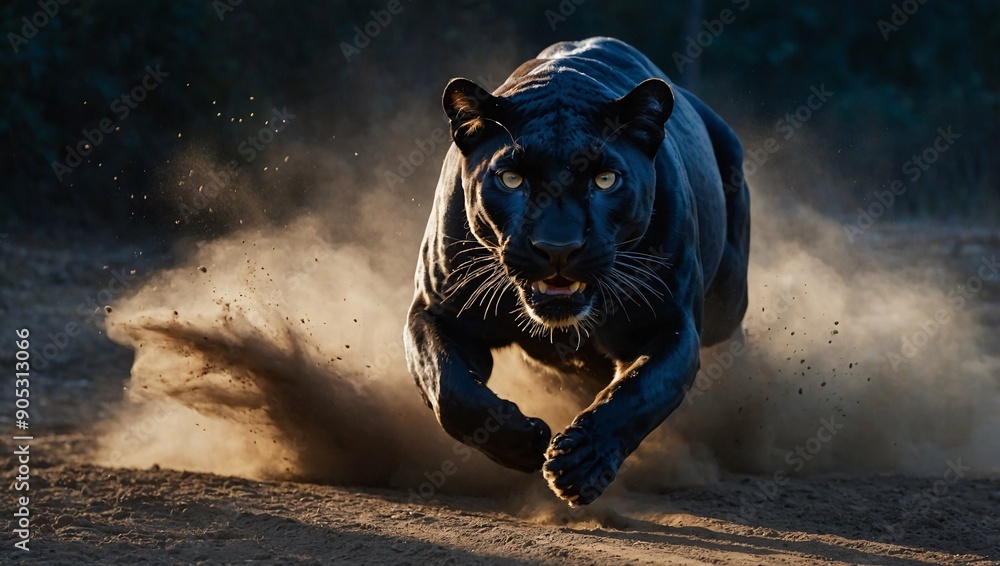 High-speed shot of a panther sprinting in the dark, stirring up dust ...