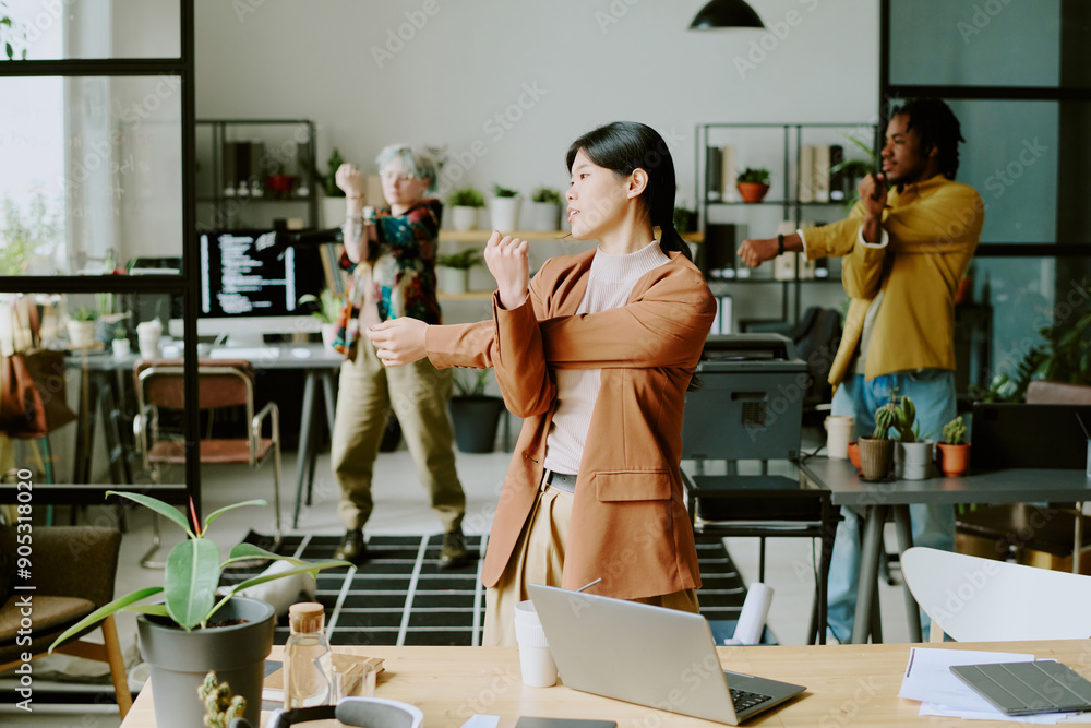 Group of active young ethnically diverse gen Z people doing stretching ...