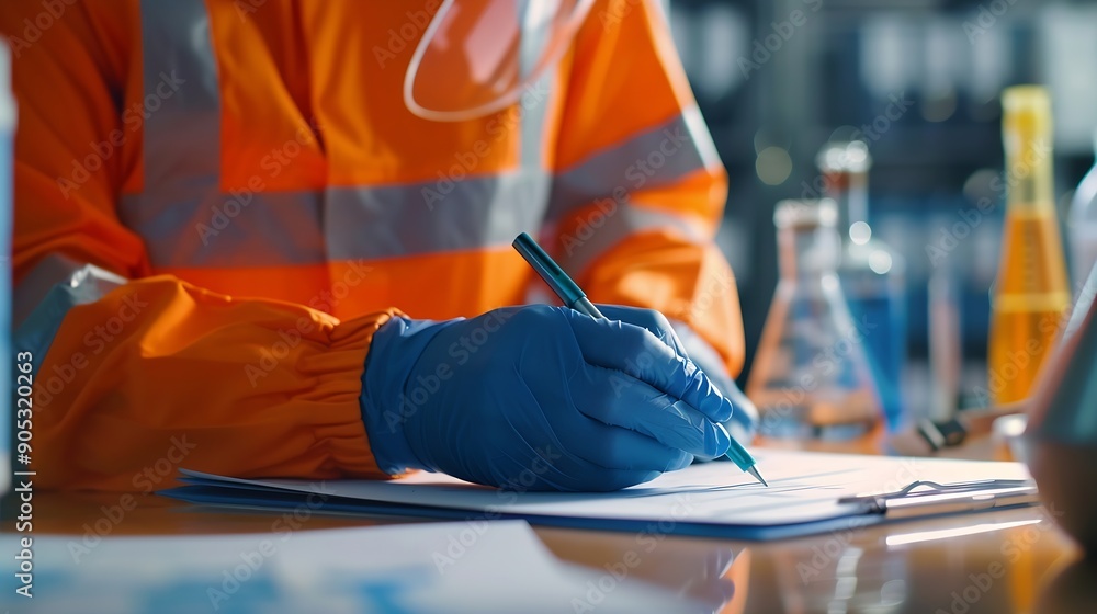 A safety engineer is using pen to rating the health risk assessment ...