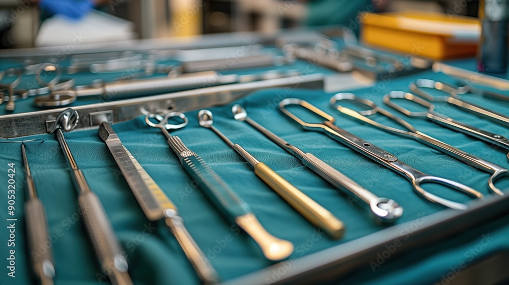 Surgical Instruments on Sterile Tray. Set of surgical instruments ...