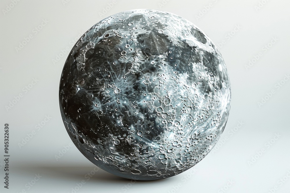 A digitally rendered realistic moon displayed on a pristine white ...