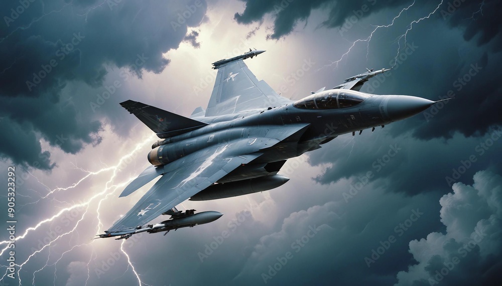 A fighter jet performing maneuvers in stormy skies, with dark clouds ...