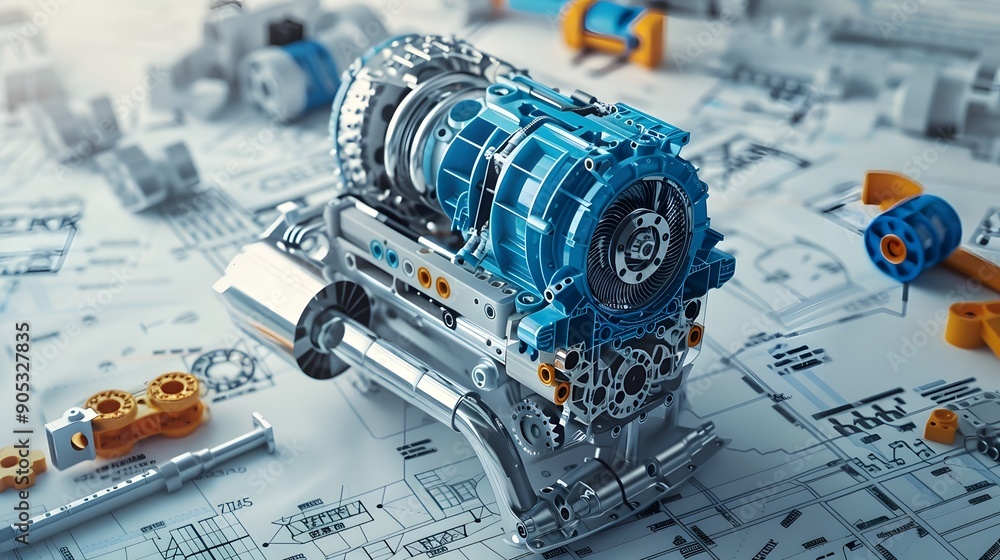 Detailed 3D mechanical engine blueprint with exploded view ...