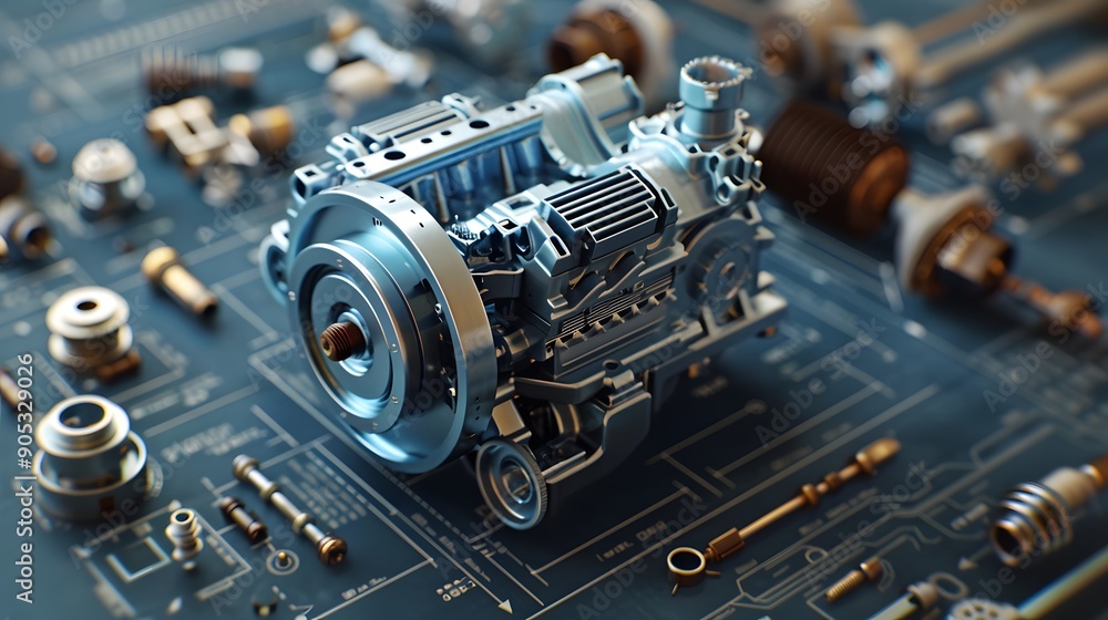 Detailed 3D mechanical engine blueprint with exploded view, showing a ...