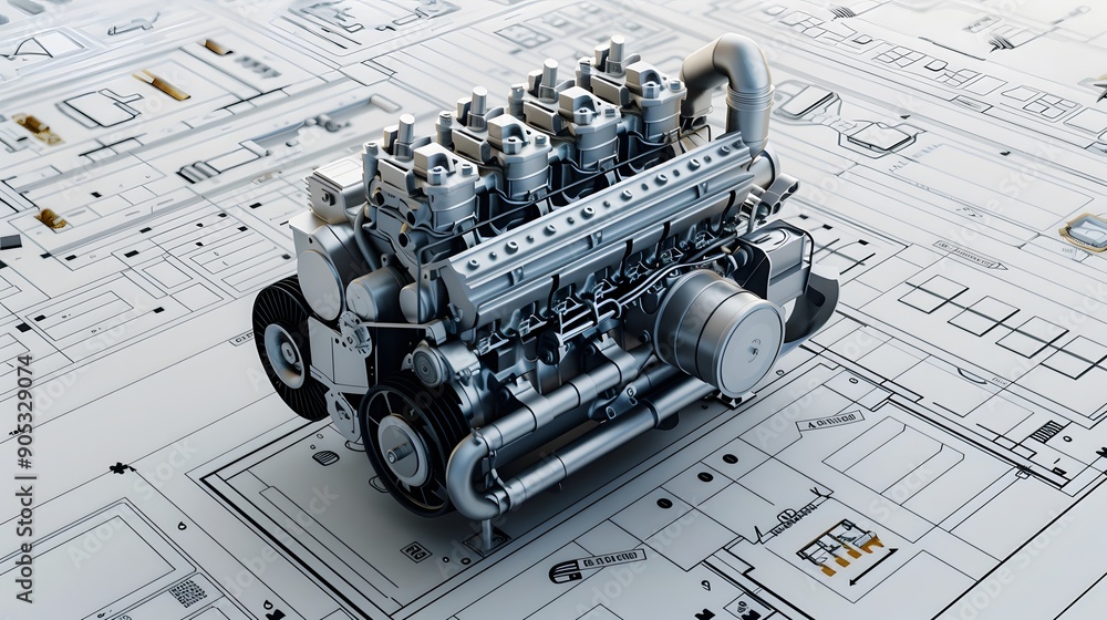 Detailed 3D mechanical engine blueprint with exploded view, showing a ...