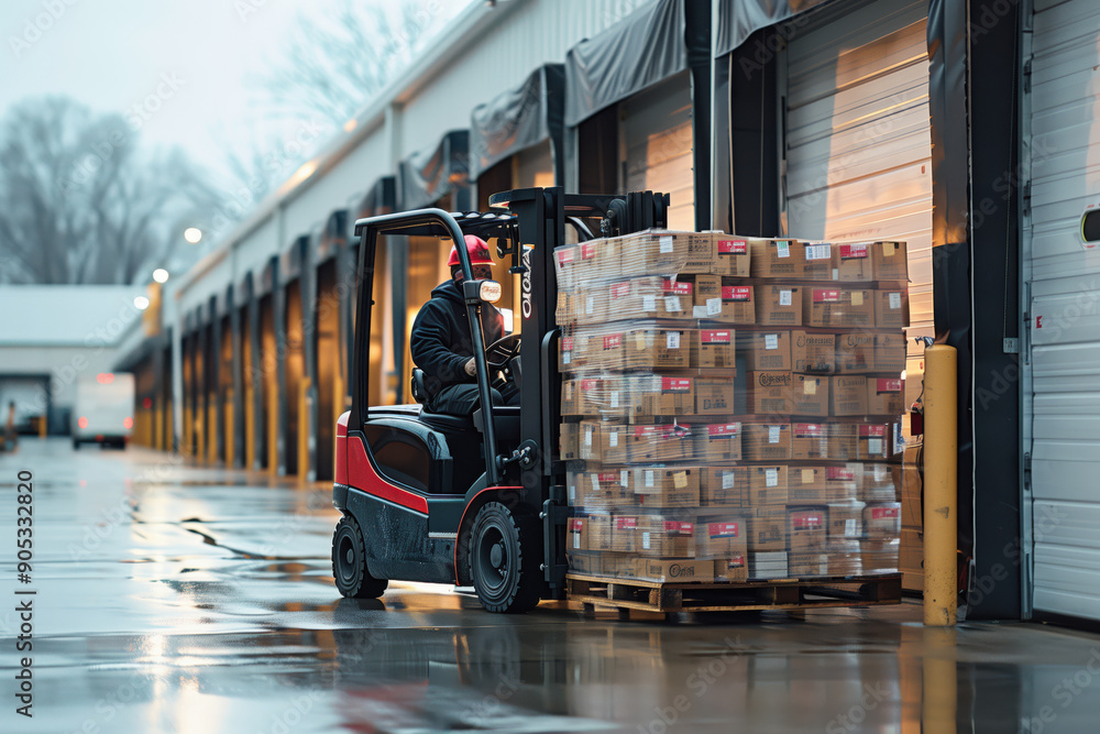 Forklift loading pallets at loading dock. Forklift loading pallets onto a truck at a loading ...