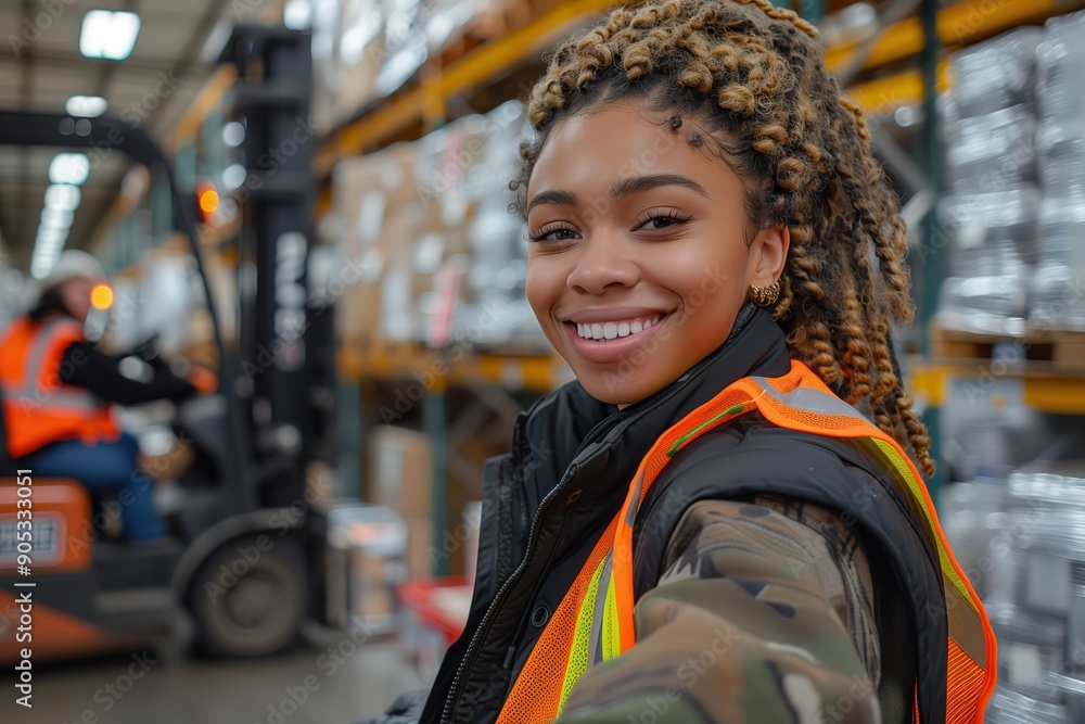 Happy female warehouse worker with forklift. Cheerful female warehouse worker, smiling in front ...