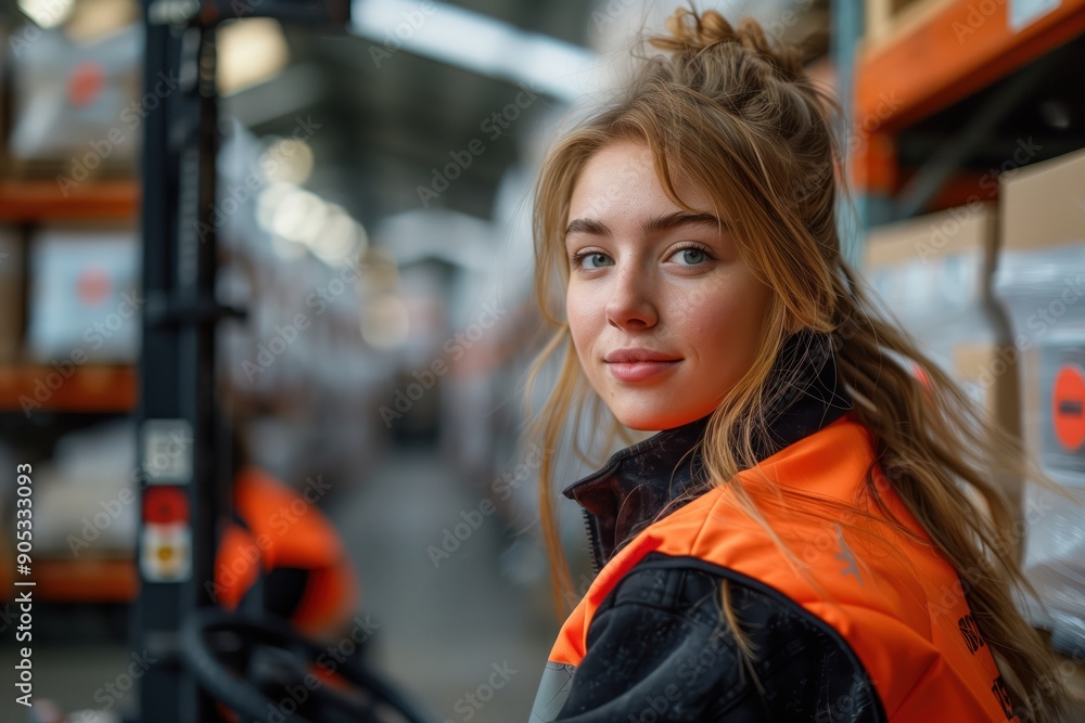 Smiling female forklift operator in warehouse. Smiling female forklift ...