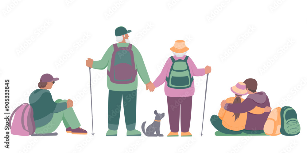 Set of traveling people with dog. Back view. Senior adult stand, cuddle ...