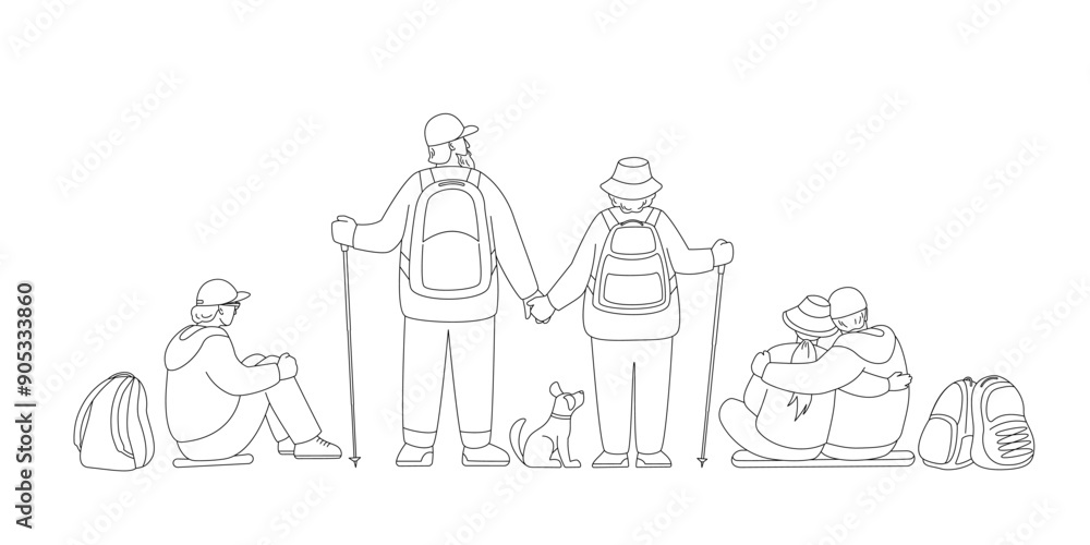 Set of traveling people with dog and backpacks. Back view. Senior adult ...