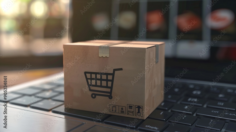 Shopping online cardboard box with a shopping cart logo in a trolley on ...