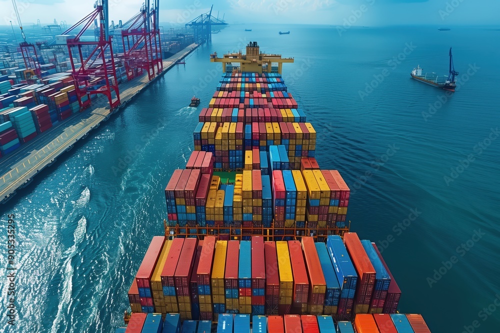 Container ship approaching port. Container ship filled with colorful ...