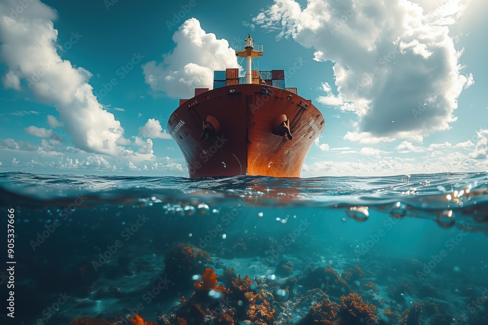 Cargo Ship with Underwater View. Cargo ship at sea with a split view ...