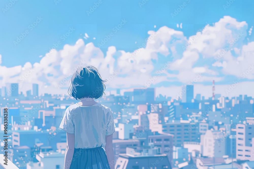 Tokyo city background, daytime, anime girl looking at view on top of ...