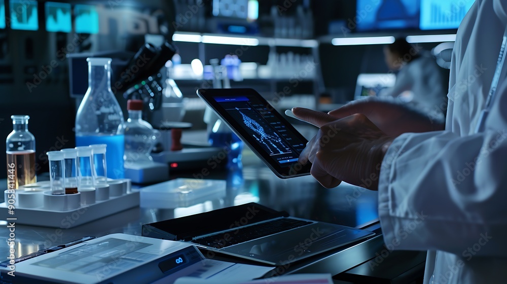 Scientist hand tablet and hologram in laboratory with typing chart data ...