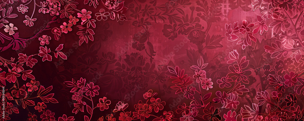 A rich burgundy background with intricate floral patterns in shades of ...