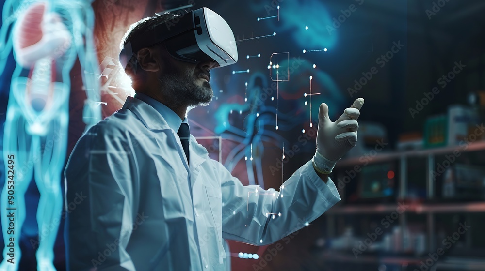 Professional doctor wearing lab coat and VR headset while looking at ...