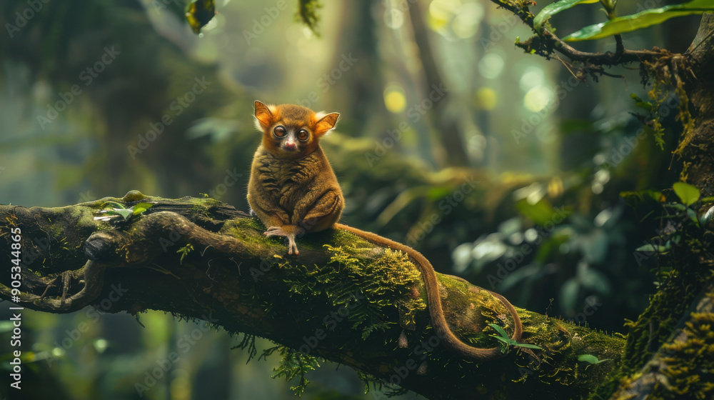 A stunning and rare Philippine tarsier perched on a moss-covered tree ...