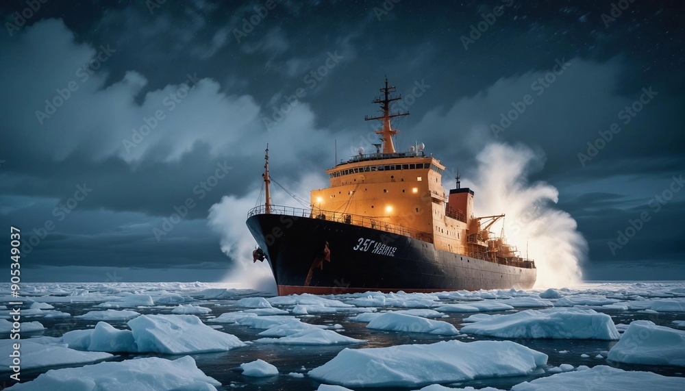 An icebreaker ship cutting through thick sea ice in the Arctic, under ...
