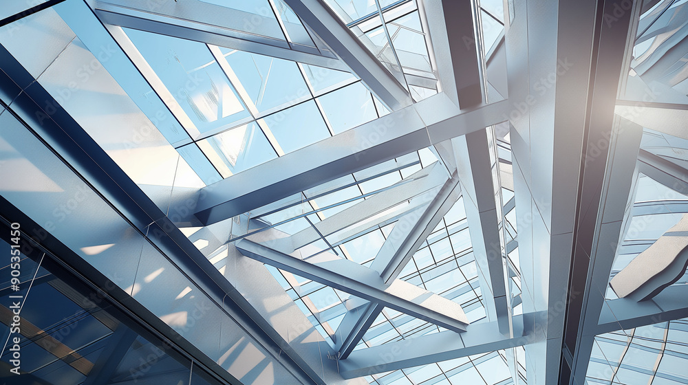 A modern architectural design featuring intersecting steel beams and ...