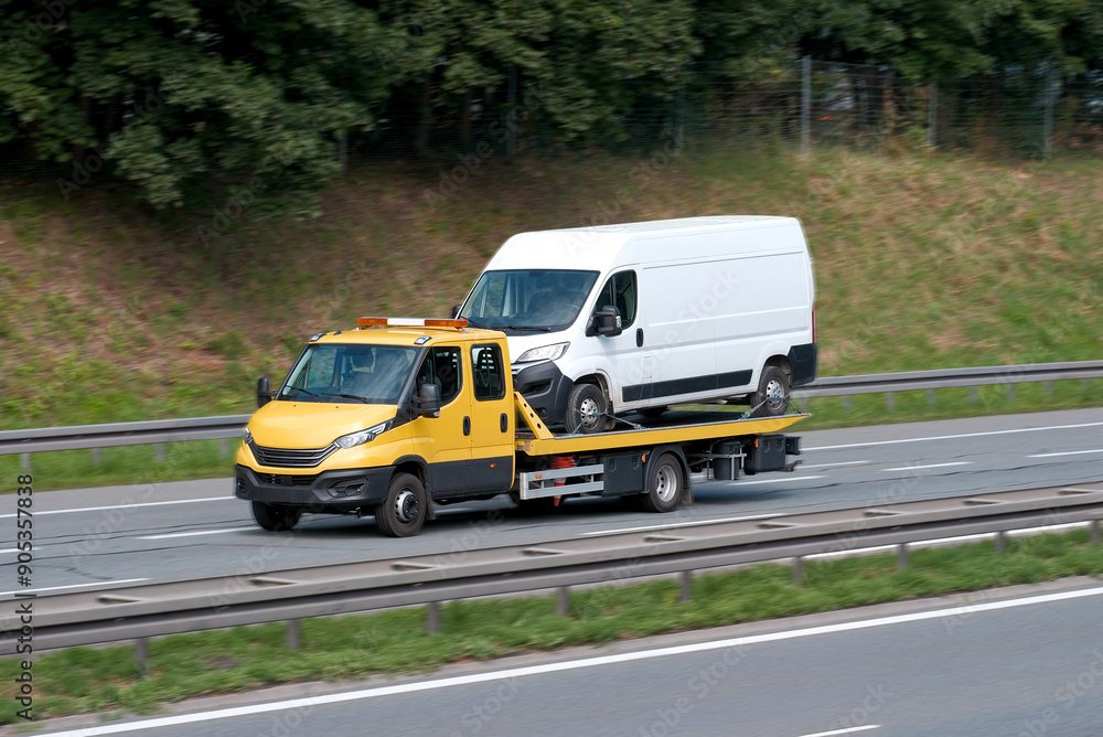 Road Assistance Tow-Truck With Out-Of-Order Commercial Cargo Bus On ...