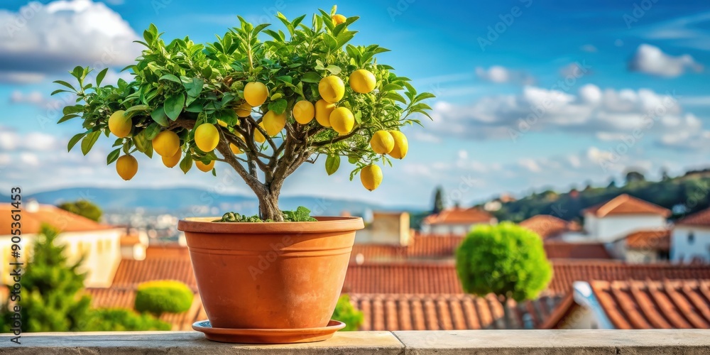 Lemon tree in a clay pot on a rooftop garden , rooftop, lemon tree, pot ...