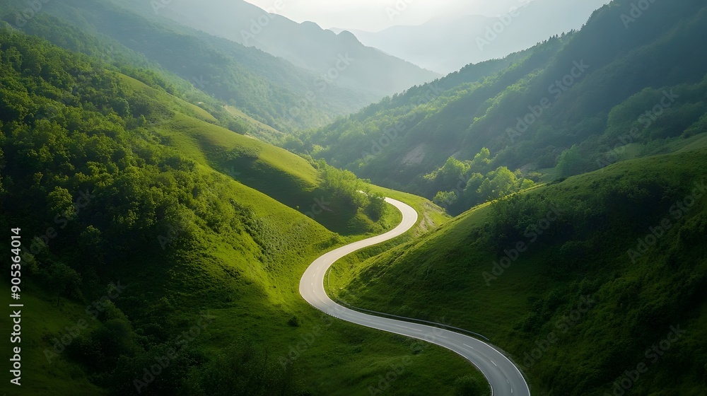 Drone perspective of a winding road in a mountainous area, with a clear ...
