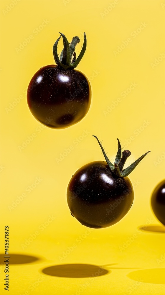 Falling Kumato Black Tomatoes and Cherries: Creative Fruit Composition ...