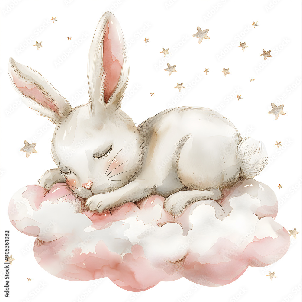 Light Pink rabbit bunny Sleeping in cloud watercolor cartoon ...