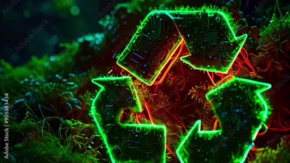 A colorful recycling symbol, glowing neon green lines forming a tangled ...
