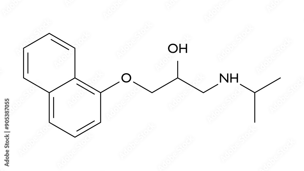 propanolol molecule, structural chemical formula, ball-and-stick model ...