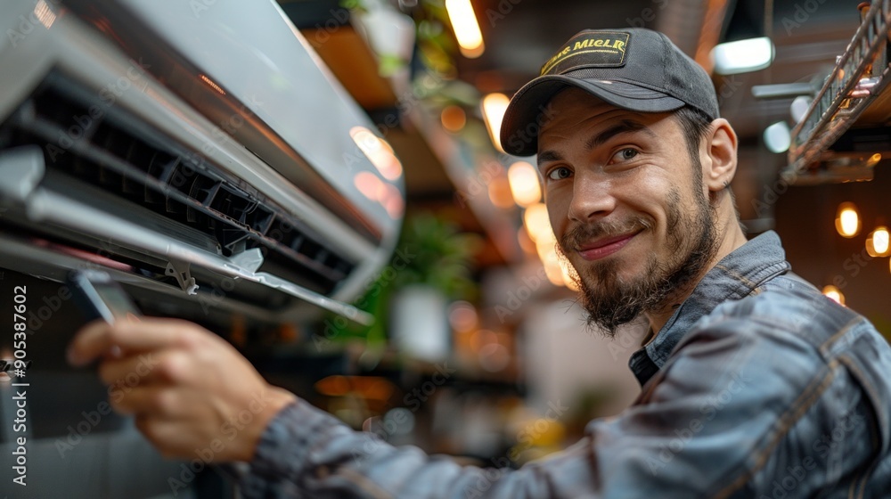 Smiling Technician Performing Air Conditioner Maintenance. A ...