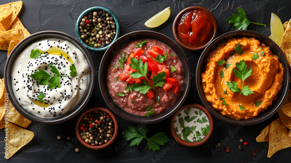 vector illustrations of different dips with chips, perfect for party ...