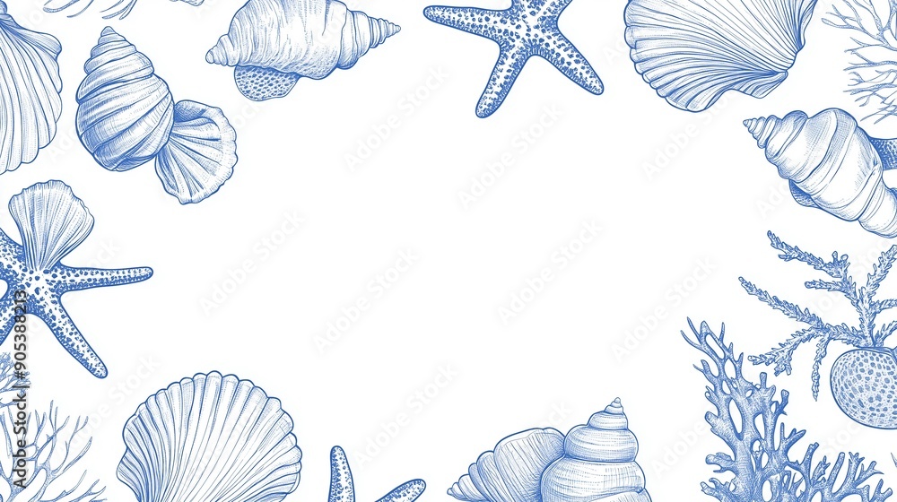 Seashells and starfish hand drawn line art border frame vector ...