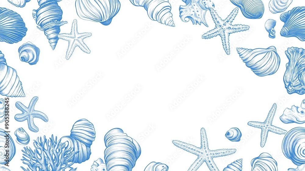 Seashells and starfish hand drawn line art border frame vector ...