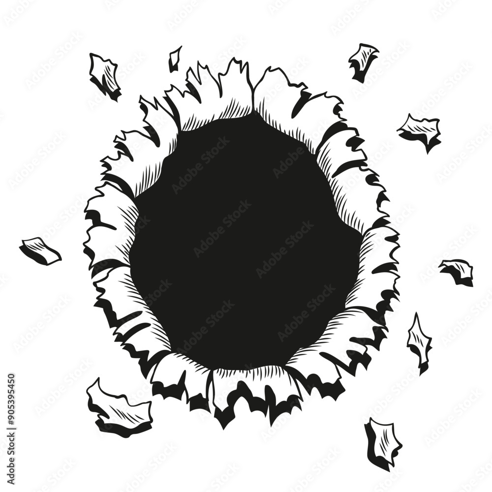 Comic book hole in coloring style. Vector paper is torn through boom ...