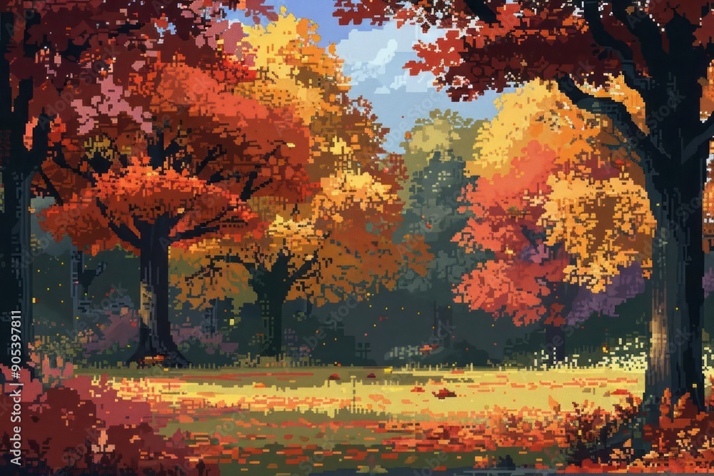 Fotografia do Stock: Autumn scene with pixel art trees in various ...