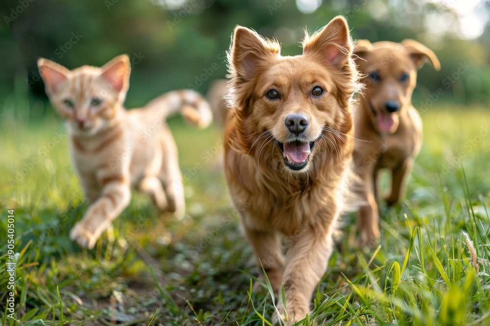 Joyful Furry Friends - A Group of Happy Pets Cats and Dogs Walking ...