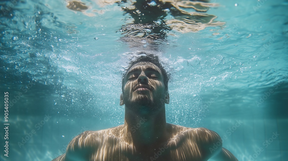 Professional muscular male swimmer emerges from the water, swimming in ...