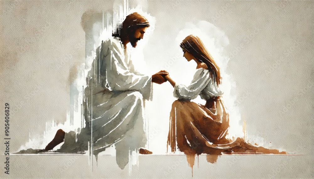 Jesus comforting the faithful. Jesus in white robes, a woman in a ...
