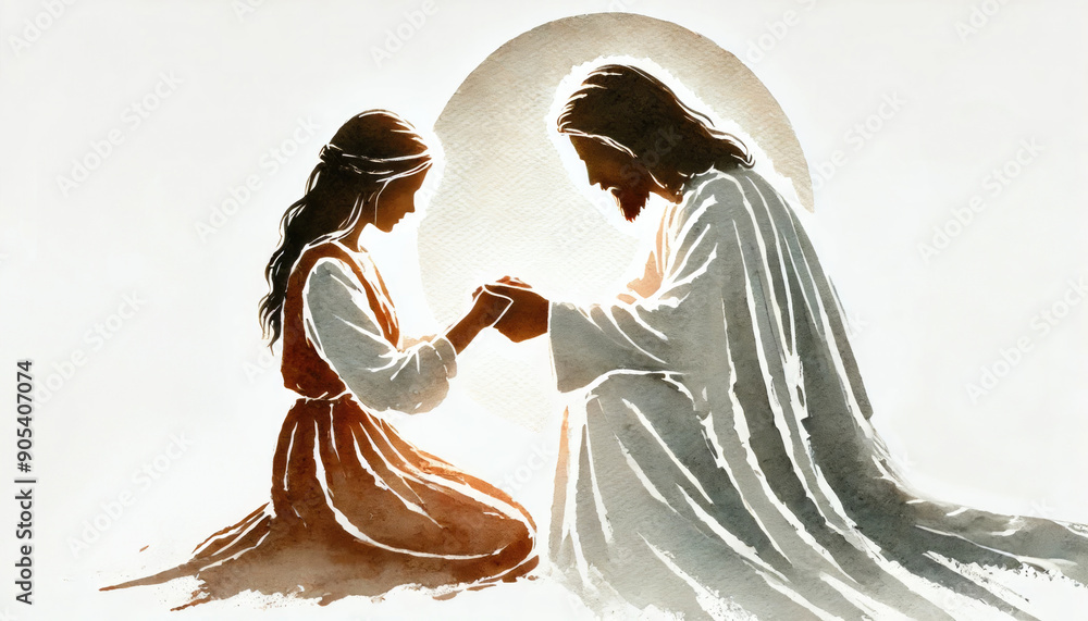 Jesus comforting the faithful. A serene interaction, Jesus and a woman ...