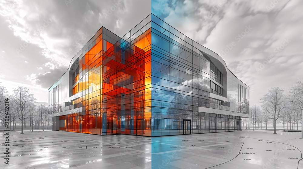 Modern architectural design blending real-life glass building with ...