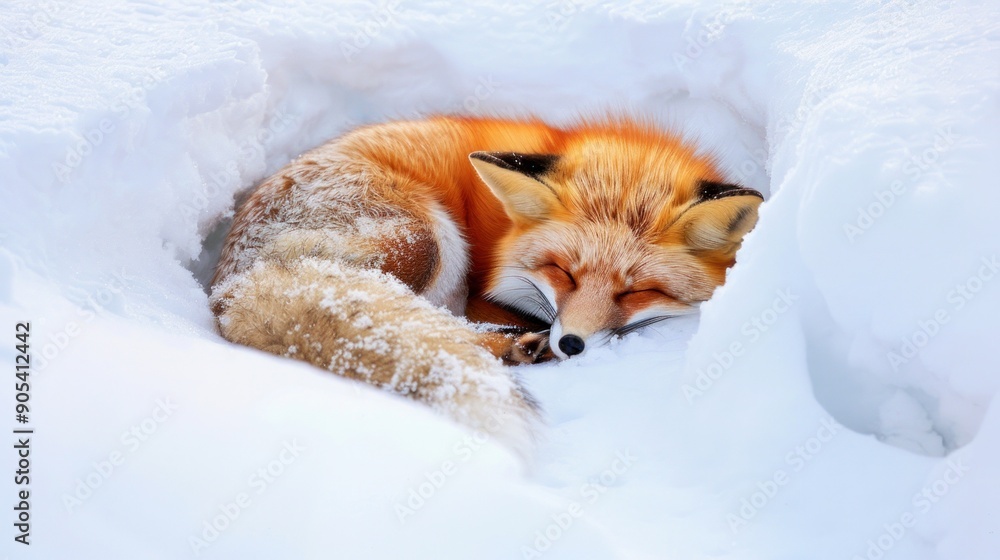 A cute red fox is sleeping in the snow banner design with empty copy ...