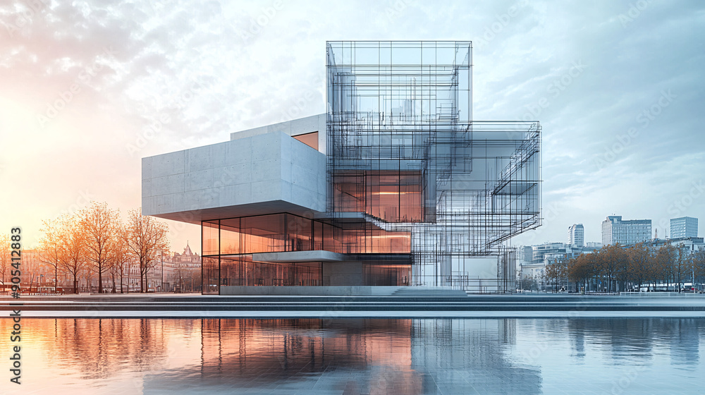 Modern architectural design blending real-life glass building with ...