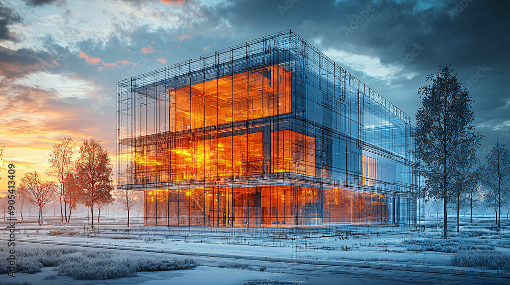 Modern architectural design blending real-life glass building with ...